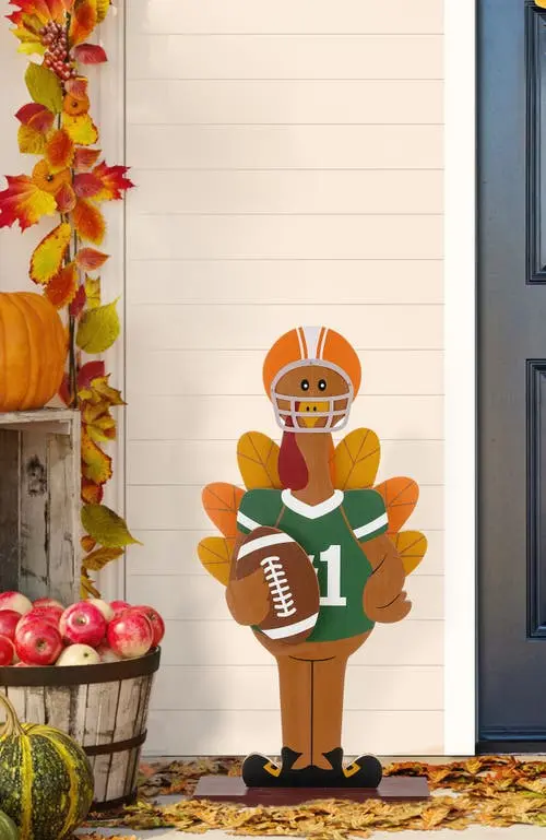 GLITZHOM 29.5"h Thanksgiving Wooden Football Turkey Porch Decor