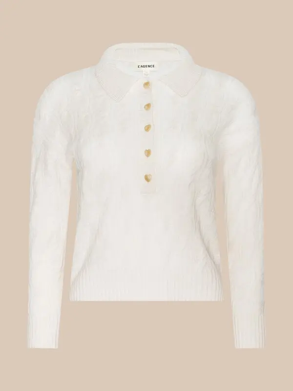 L'Agence Airy Cable Knit Sweater With Heart Buttons