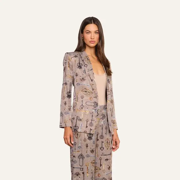 L'Agence Aven Wrap Blazer With Antique Key Print - Brown Multi Houndstooth Key