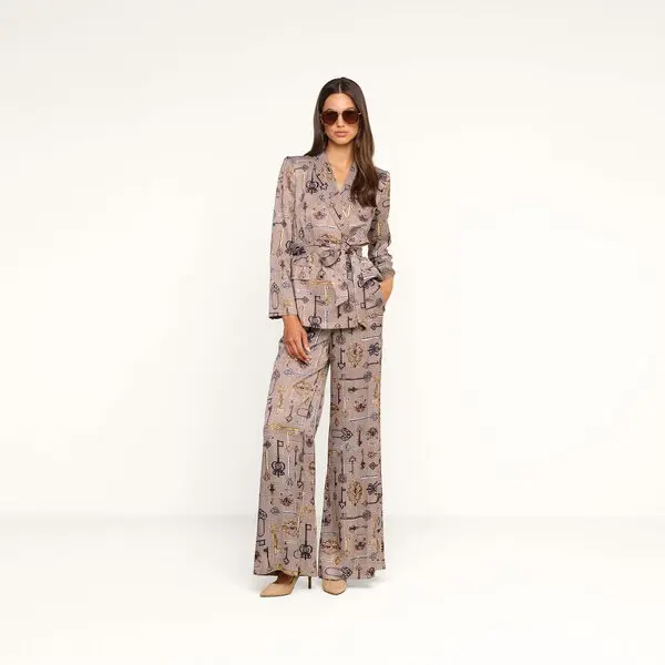 L'Agence Aven Wrap Blazer With Antique Key Print - Brown Multi Houndstooth Key