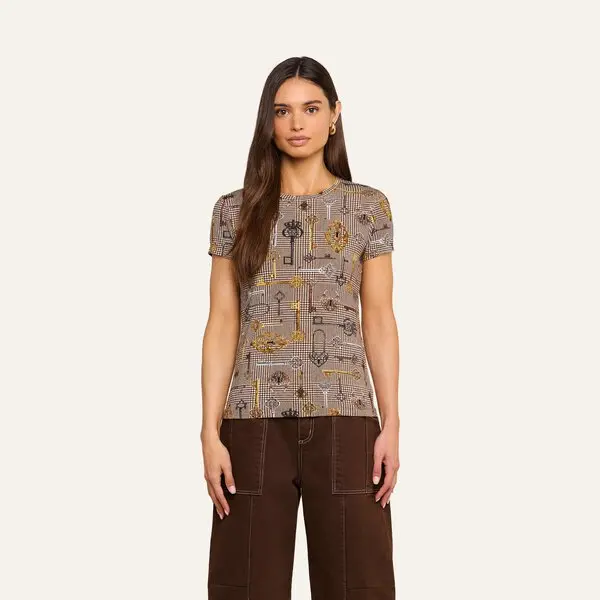 L'Agence Ressi Fitted T-shirt In Houndstooth Key Print - Brown Multi Houndstooth Key