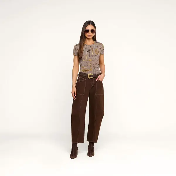 L'Agence Ressi Fitted T-shirt In Houndstooth Key Print - Brown Multi Houndstooth Key