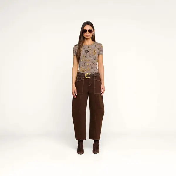 L'Agence Ressi Fitted T-shirt In Houndstooth Key Print - Brown Multi Houndstooth Key