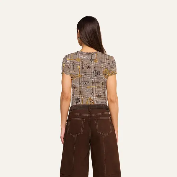 L'Agence Ressi Fitted T-shirt In Houndstooth Key Print - Brown Multi Houndstooth Key