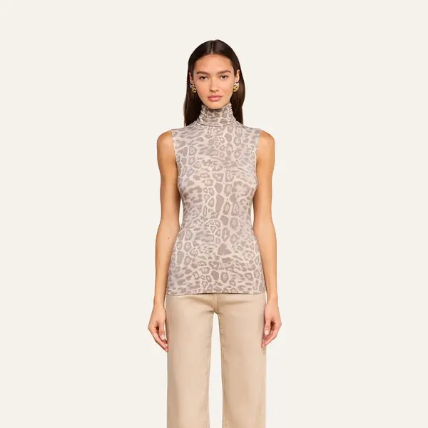 L'Agence Sleeveless Turtleneck In Grey Leopard Print - Grey Multi Patch Leopard