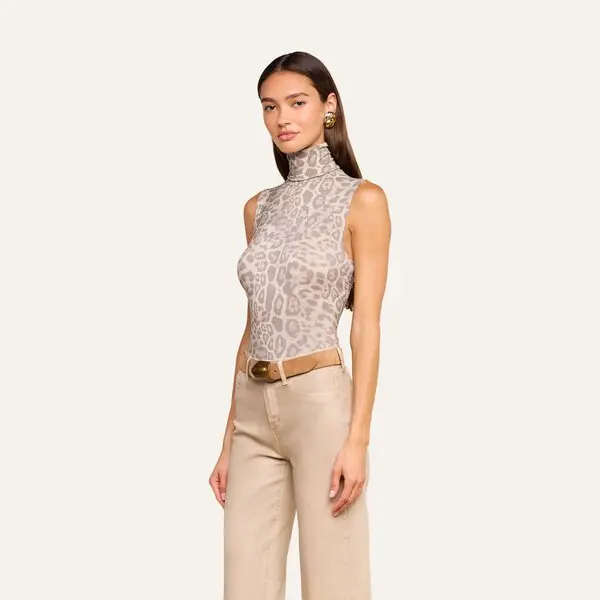 L'Agence Sleeveless Turtleneck In Grey Leopard Print - Grey Multi Patch Leopard