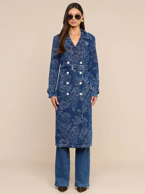 L'Agence Bradley Floral Jacquard Denim Trench Coat