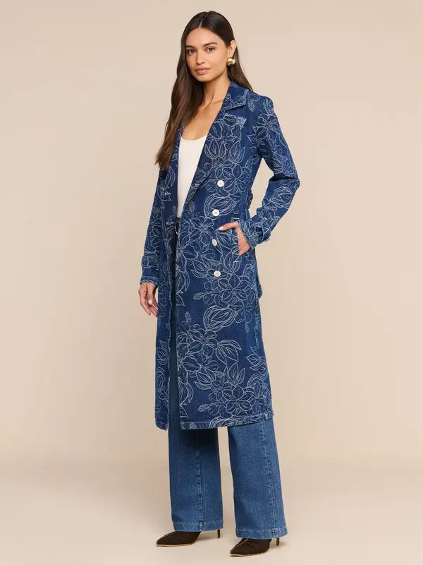 L'Agence Bradley Floral Jacquard Denim Trench Coat