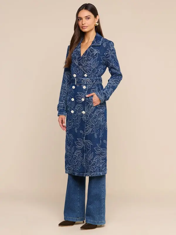 L'Agence Bradley Floral Jacquard Denim Trench Coat