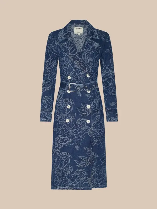 L'Agence Bradley Floral Jacquard Denim Trench Coat