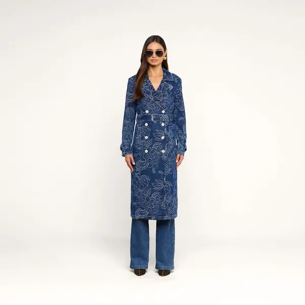 L'Agence Bradley Floral Jacquard Denim Trench Coat