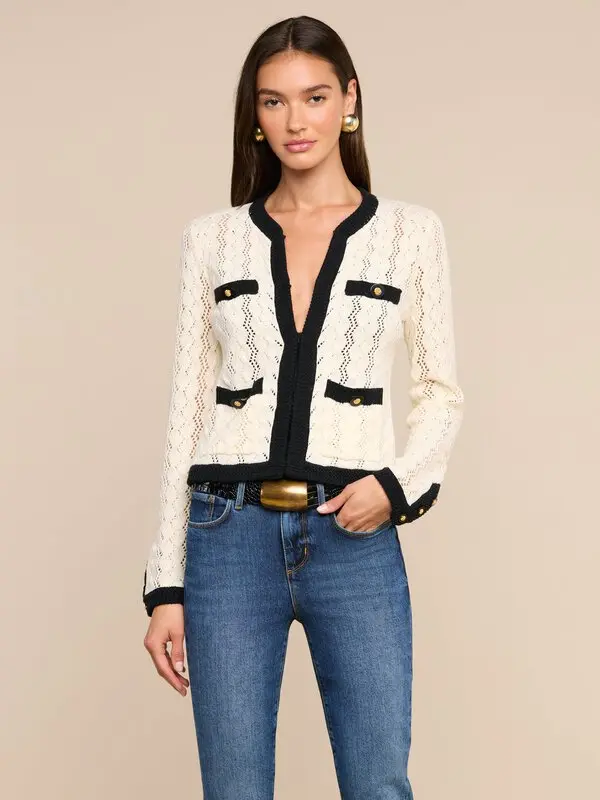 L'Agence Zephyra Pointelle Knit Cardigan - Ivory/black