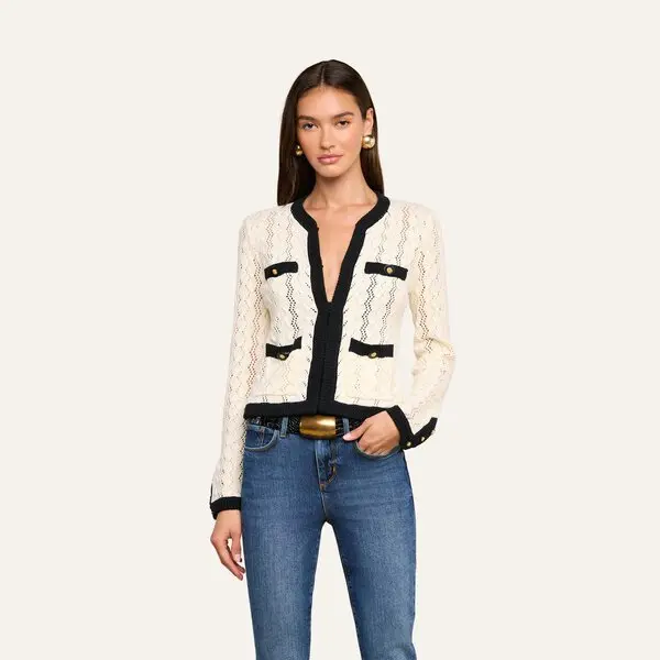L'Agence Zephyra Pointelle Knit Cardigan - Ivory/black