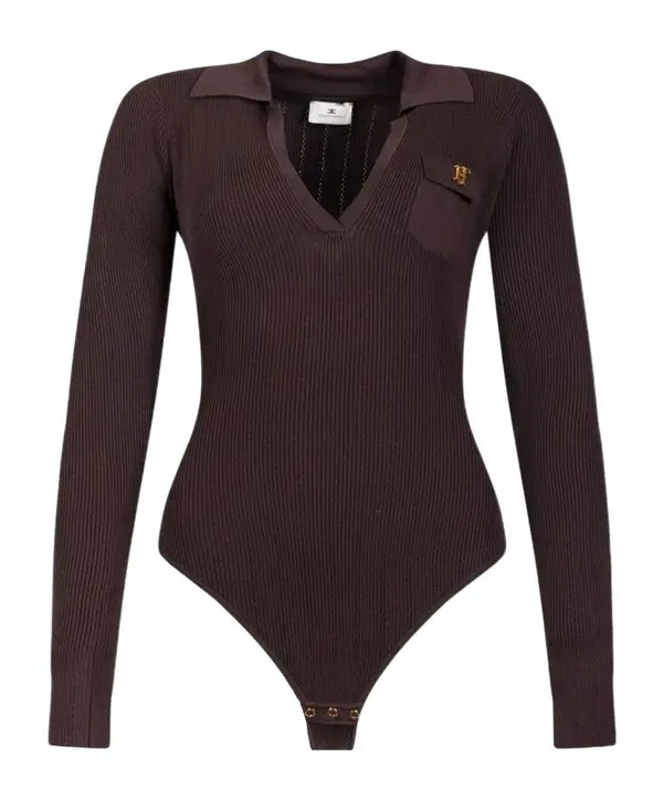 Elisabetta Franchi Ribbed Knit Bodysuit With Embroidered Lace Detail - Brown
