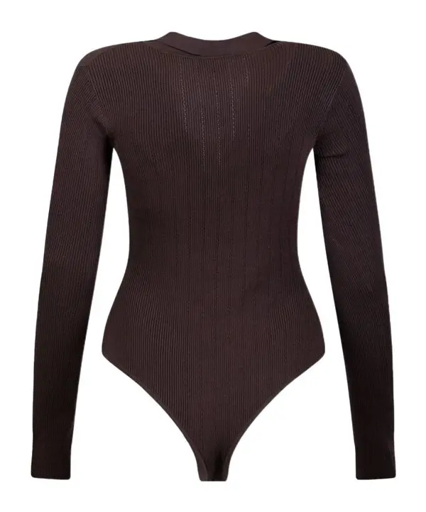 Elisabetta Franchi Ribbed Knit Bodysuit With Embroidered Lace Detail - Brown