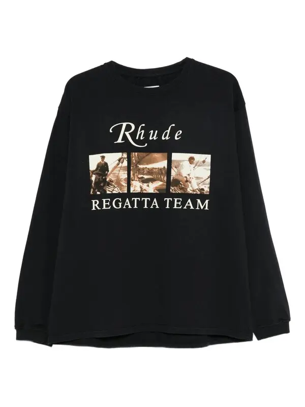 Rhude Ribbed Collar Long Sleeve Tee With Printed Front And Back Panel