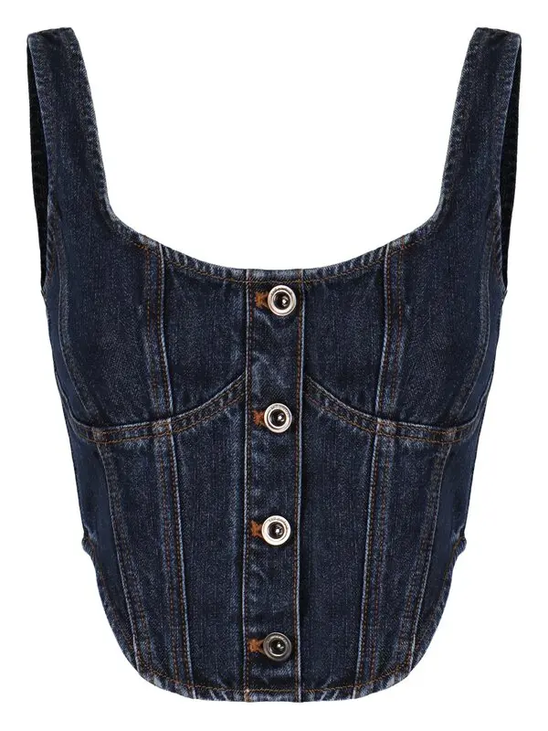 SELF-PORTRAIT Denim Corset Top With Contrasting Stitching - Blu