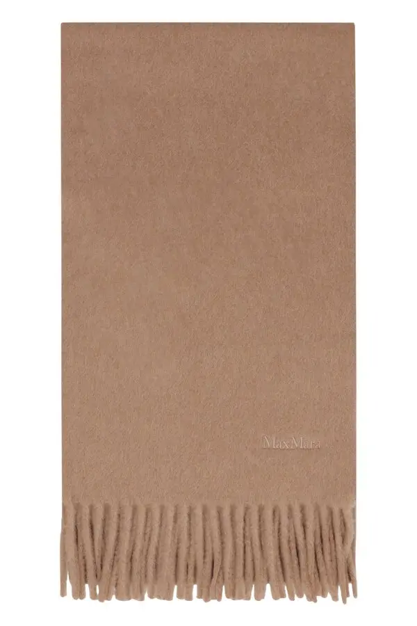 Max Mara Scilli Wool Scarf With Embroidered Logo And Fringed Hem, 25 X 208 Cm - Camel