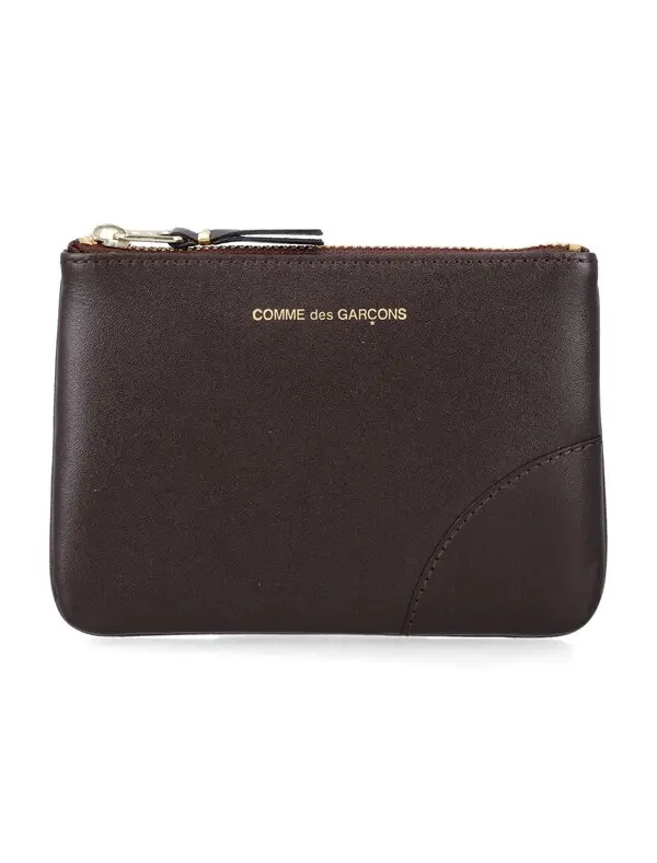 Comme Des Garçons Mini Leather Pouch With Gold Logo - Marrone