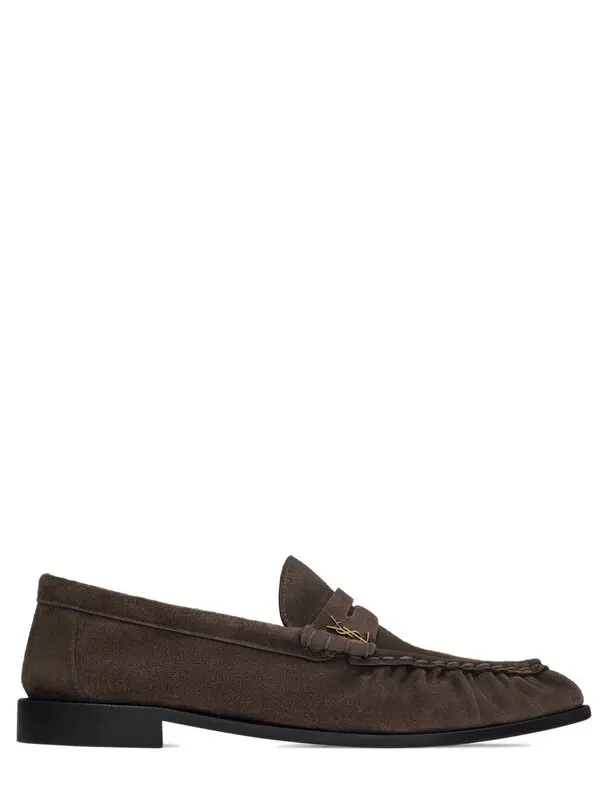 Saint Laurent Leather Flat Shoes With Cassandre Detail - Marrone