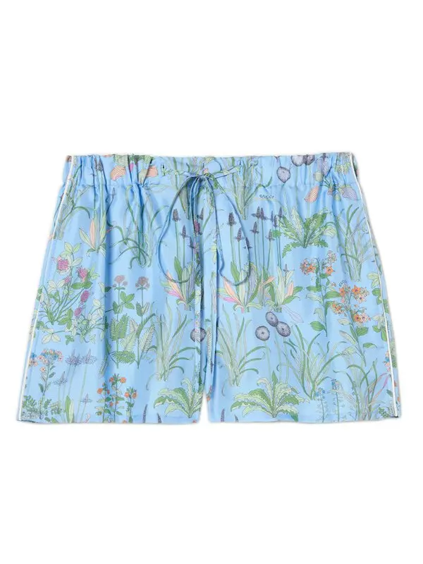 Gucci Allover Floral Print Silk Shorts With Piping - Azzurro