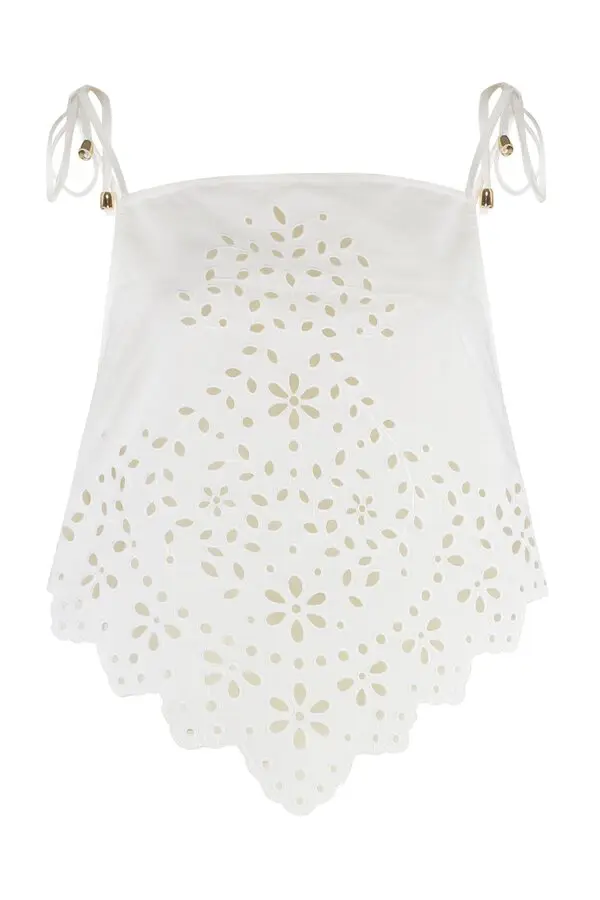 SELF-PORTRAIT Style Embroidered Cotton Mini Top With Tied Shoulder Straps