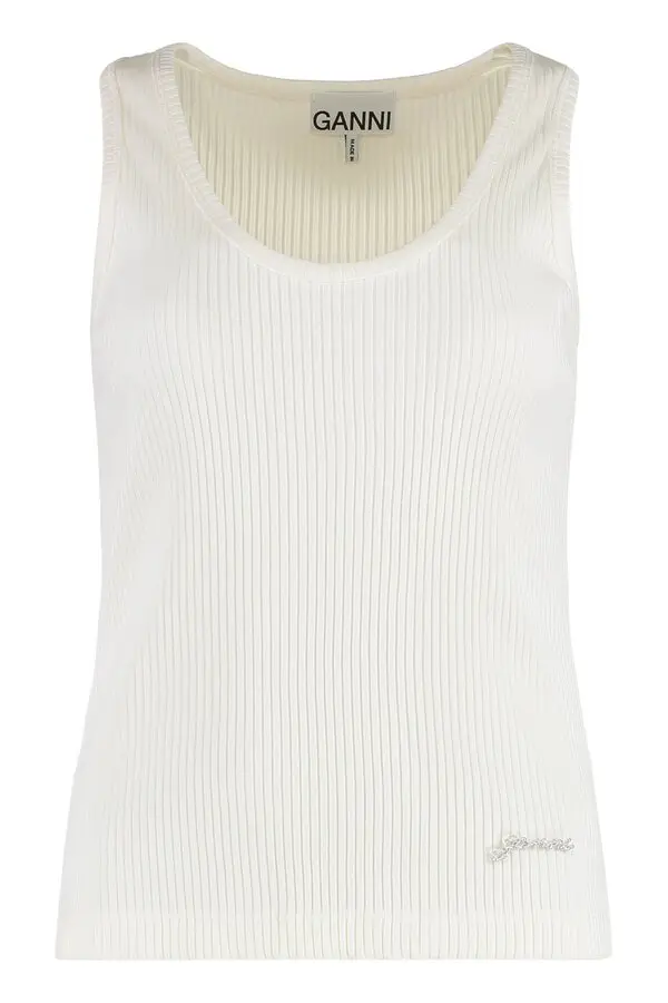 GANNI Ribbed Organic Cotton Tank Top With Logo Detail - White