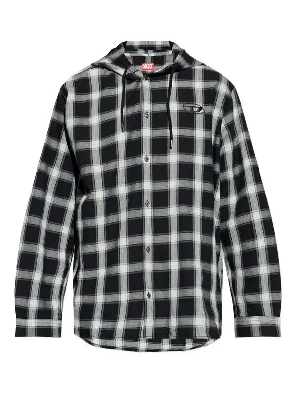 DIESEL® Drawstring Hood Button-front Shirt Jacket With Logo Detail - Nero