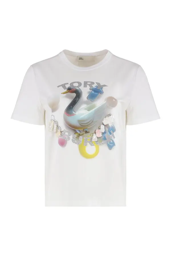 Tory Burch Cotton Crew-neck T-shirt With Embellished Graphic