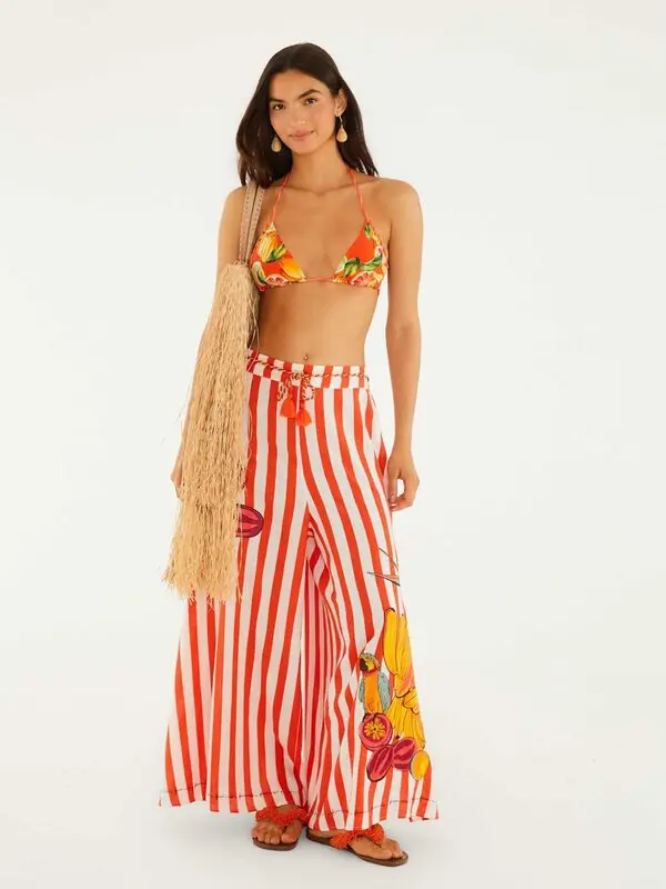 Farm Rio Striped Linen-viscose Drawstring Trousers With Embroidered Hem And Side Slits - Rosso