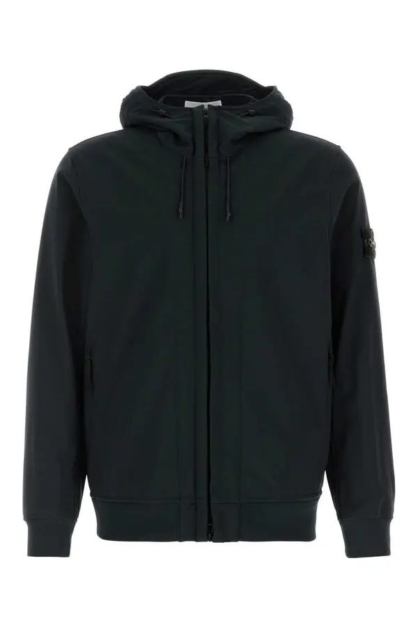 Stone Island Logo Patch Hooded Zip-up Jacket - Black