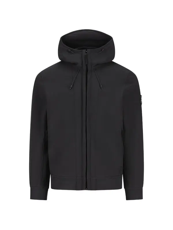 Stone Island Logo Patch Hooded Zip-up Jacket - Black