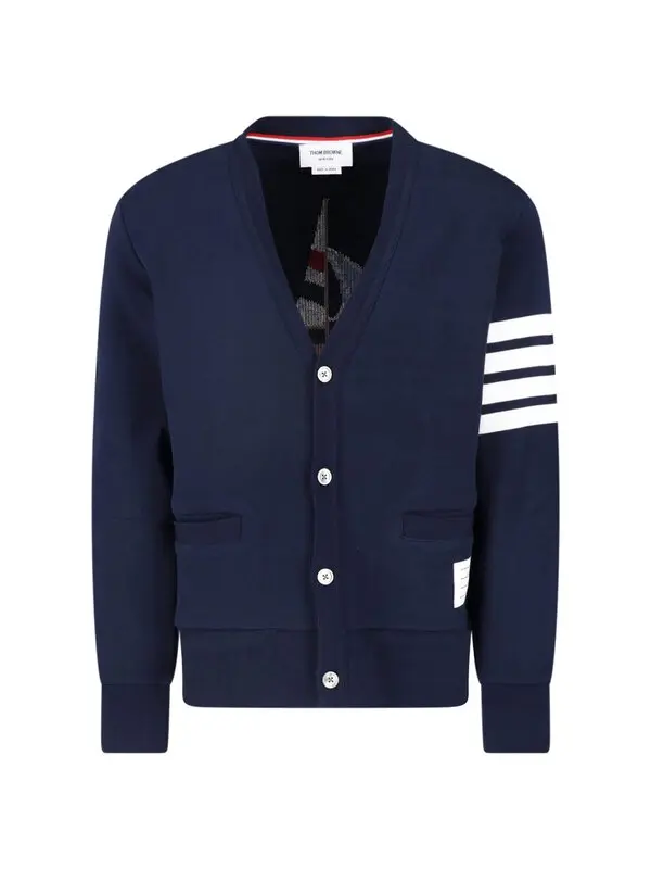 Thom Browne V-neck Button-front Cardigan With Striped Detail - Blue