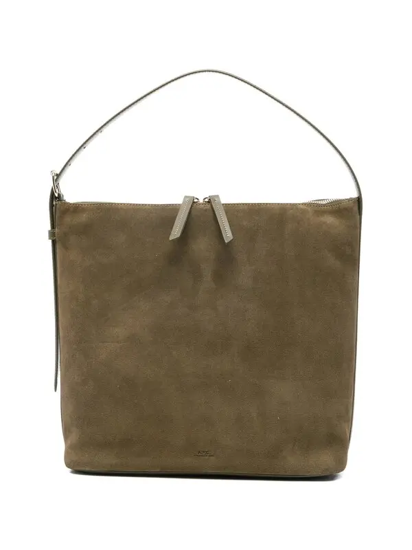 A.p.c. Large Leather Shoulder Bag With Adjustable Strap, Double-zip Closure & Interior Pocket, 20 X 21 X 8 Cm - Verde