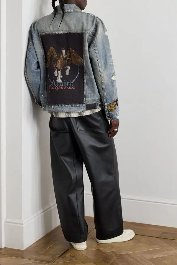 Amiri Vintage Pegasus Embellished Distressed Denim Trucker Jacket