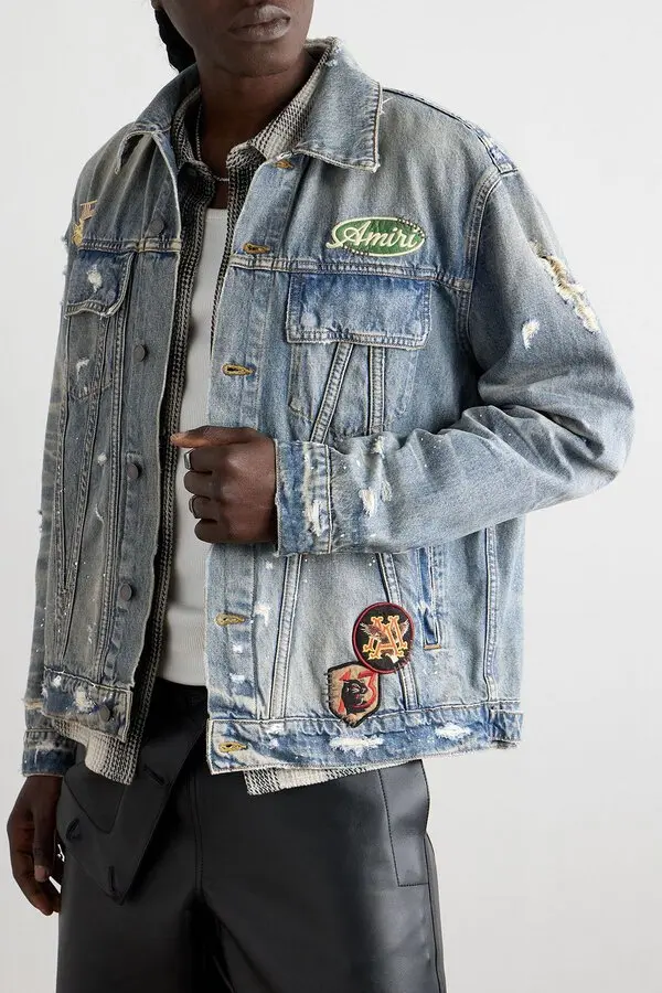 Amiri Vintage Pegasus Embellished Distressed Denim Trucker Jacket