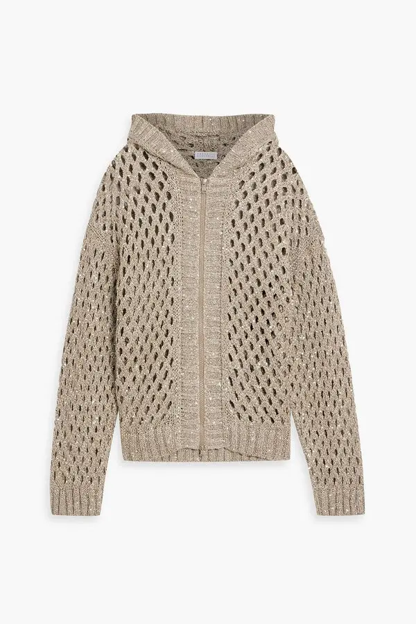Brunello Cucinelli Sequinembellished Openknit Hooded Cardigan - Mushroom