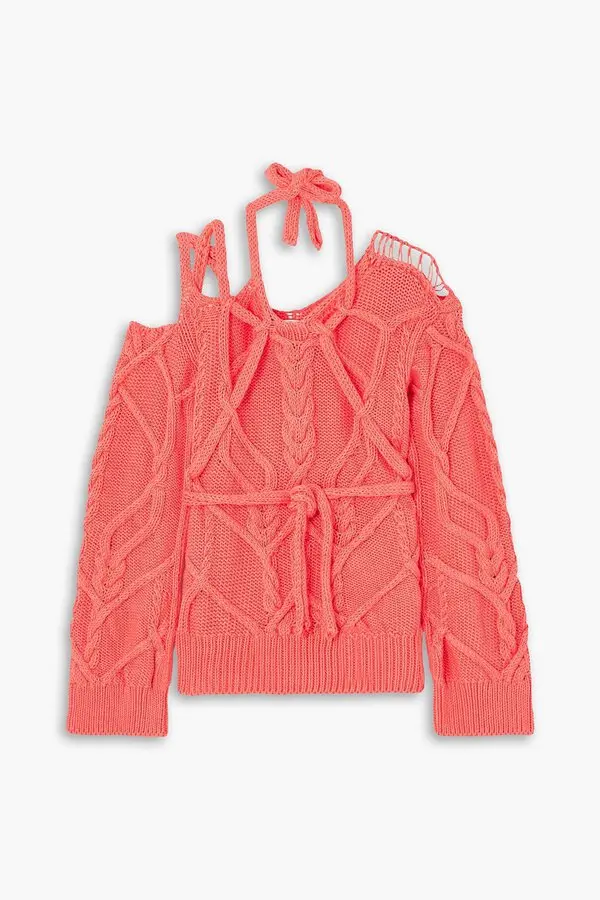 Dries Van Noten Distressed Cableknit Cotton Sweater - Coral