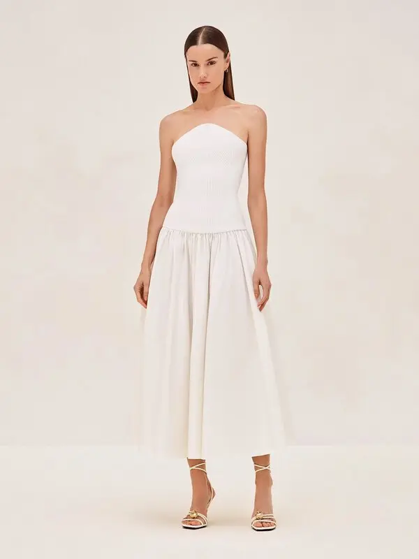 Alexis Kamali Strapless Ribbed Bodice A-line Dress - White