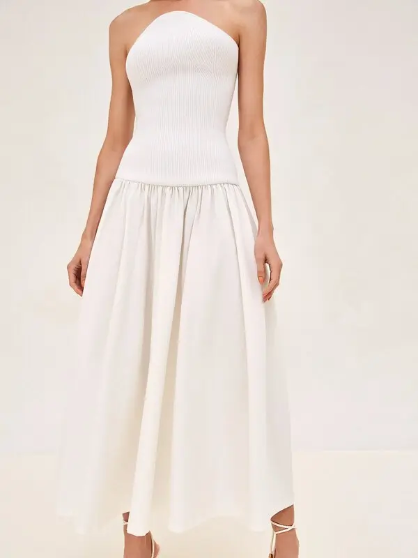 Alexis Kamali Strapless Ribbed Bodice A-line Dress - White
