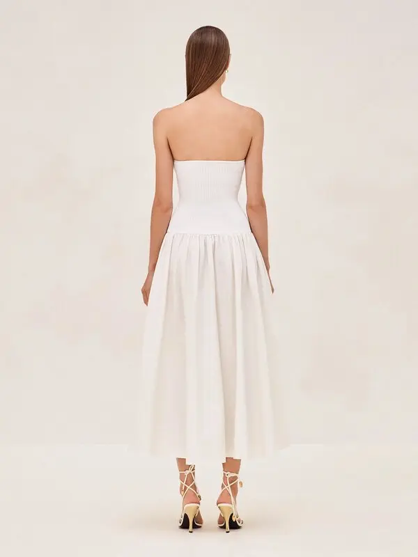 Alexis Kamali Strapless Ribbed Bodice A-line Dress - White