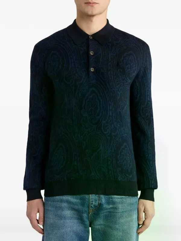 Etro Wool-blend Jacquard Polo Sweater With Arnica Motif - Blue