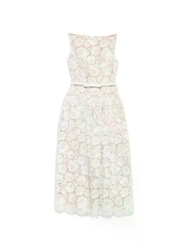 SELF-PORTRAIT Lace-overlay Belted Midi Dress - White