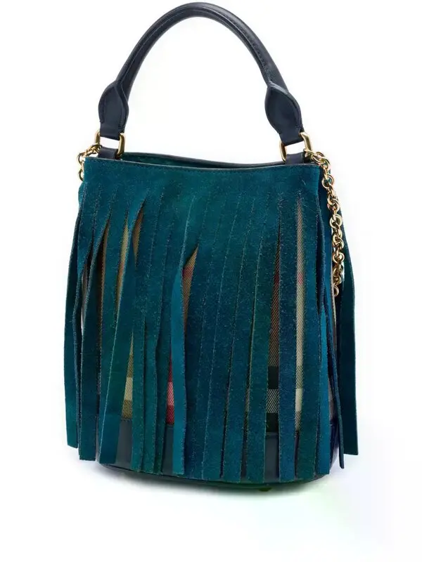 Burberry 2000-2017 Prorsum House Check Canvas And Suede Fringe Bucket Bag Satchel - Blue