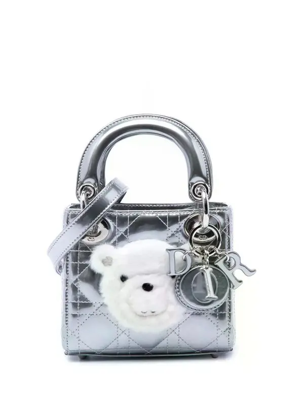 Dior Micro Metallic Patent Cannage Bear Lady Satchel - Silver