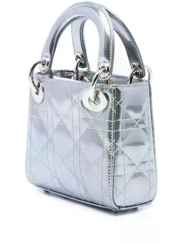 Dior Micro Metallic Patent Cannage Bear Lady Satchel - Silver