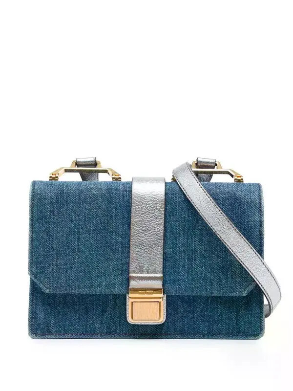 Miu Miu 2010-2026 Denim Metallic Goatskin Madras Flap Crossbody Bag - Blue