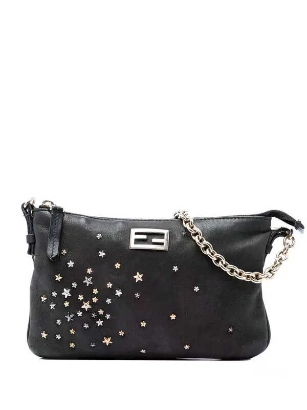 Fendi 2000-2010 Mini Leather Star Studded Chain Crossbody Bag - Black