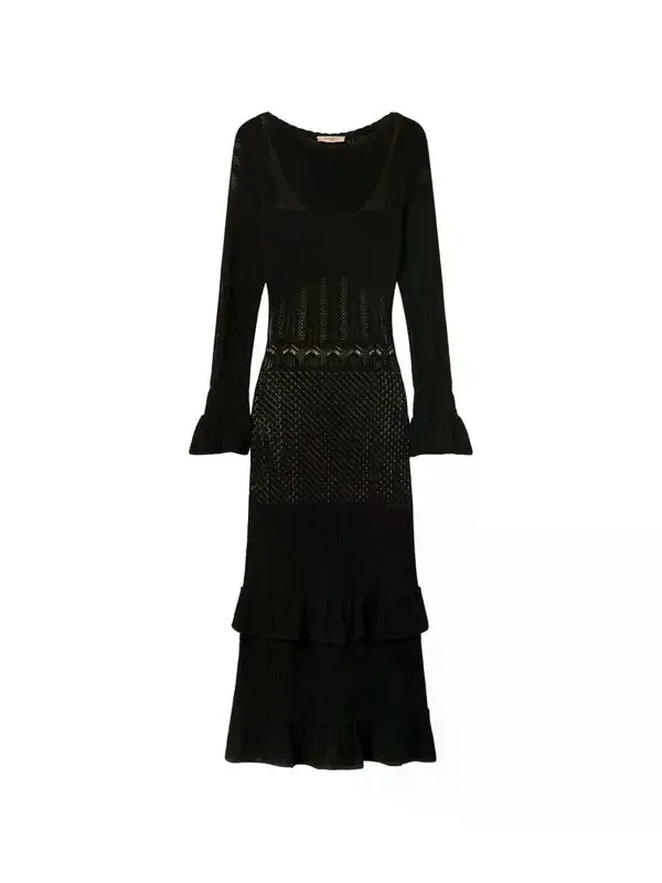 TWINSET Long Wool Blend Knit Dress With Ruffles - Black