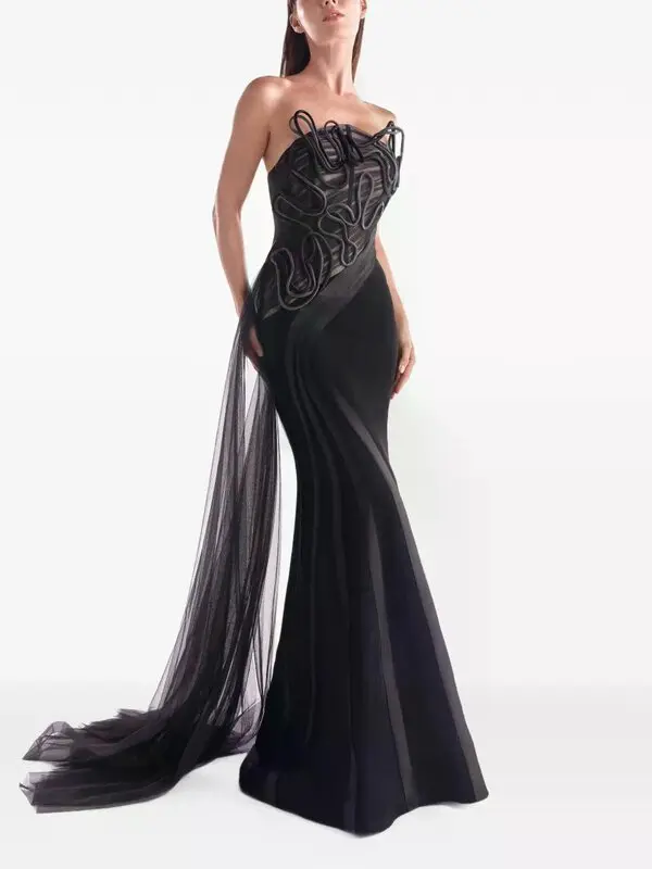 GABY CHARBACHY Sculptural Detail Strapless Maxi Dress